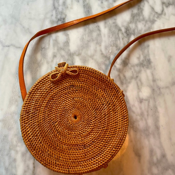 Bags | Round Structured Hardsided Purse Raffia Leather Strap | Poshmark